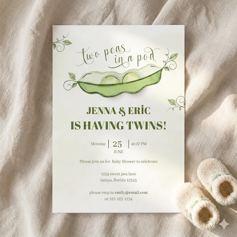 Two Peas in a Pod Twins Baby Shower Invitation, Botanical Watercolor ...