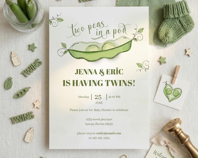 Two Peas in a Pod Twins Baby Shower Invitation, Botanical Watercolor ...