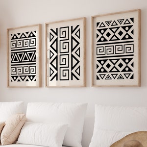 African Rug Print Set of 3, Black Beige Geometric Art Print, Neutral ...