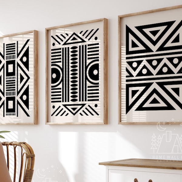 Geometric African Art Print Set of 3, Black & Beige Mudcloth Rug ...