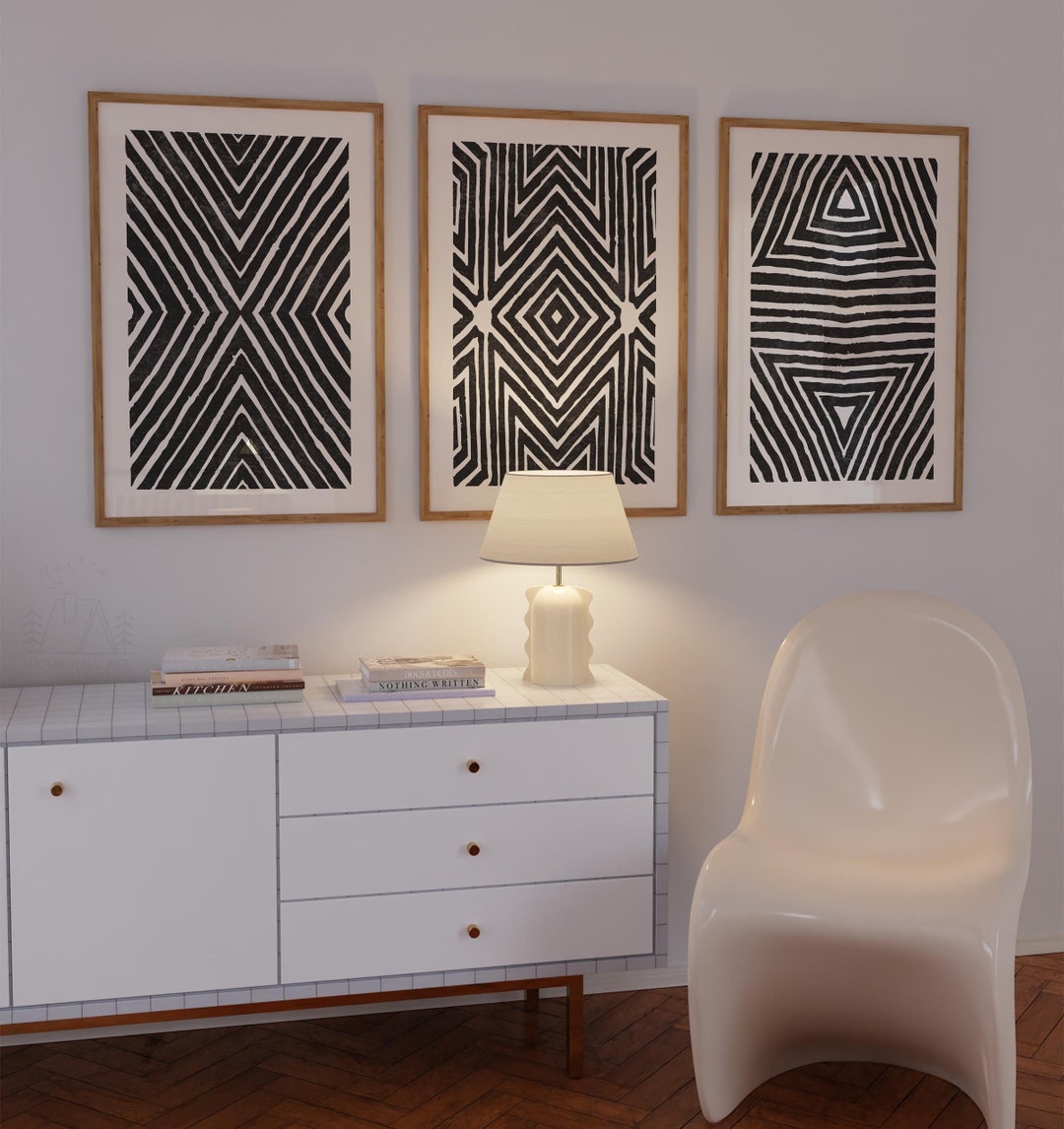 Abstract African Line Art Set of 3 - Black Geometric Wall Art - Tribal ...