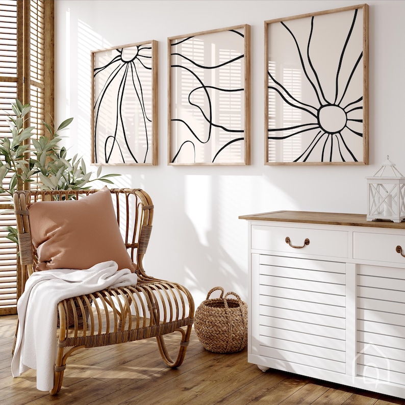 Minimalist Floral Line Art Set of 3, Botanical Wall Art Prints, Digital ...