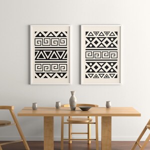 African Art Print Set of 2 - Geometric Black and Beige Decor, Mudcloth ...