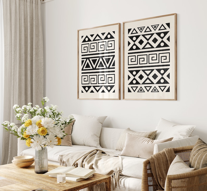 African Art Print Set of 2 Geometric Black and Beige Decor, Mudcloth ...