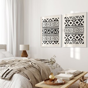 African Art Print Set of 2 - Geometric Black and Beige Decor, Mudcloth ...