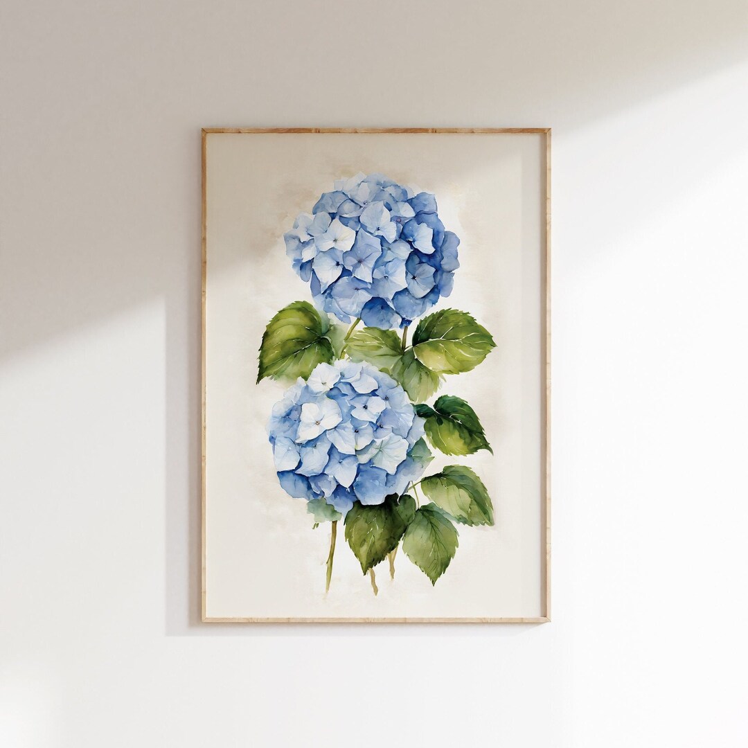 Blue Hydrangea Poster Print, Watercolor Floral Wall Art, Botanical ...