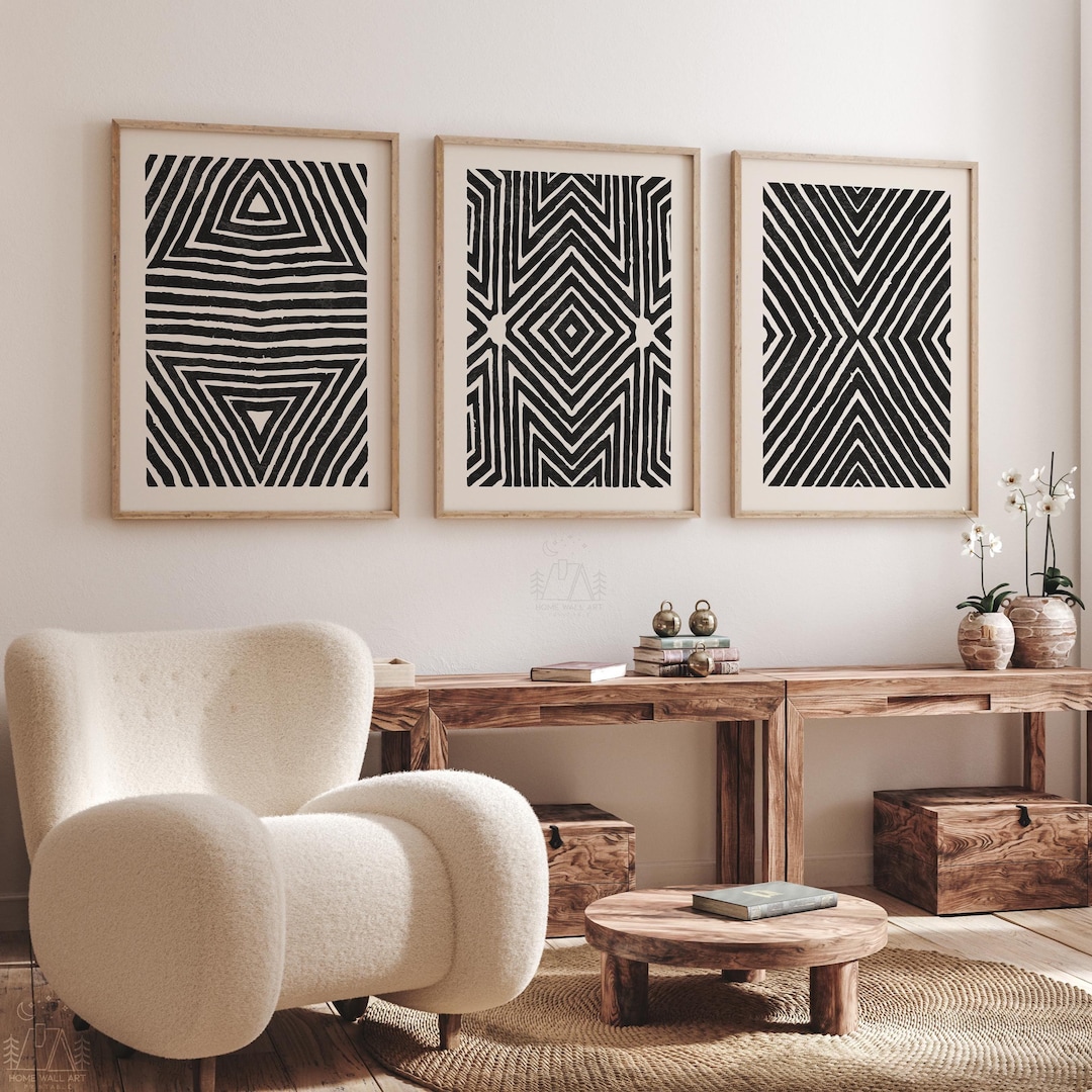 Geometric Black African Line Art Set of 3 - Africa Wall Art - Tribal ...