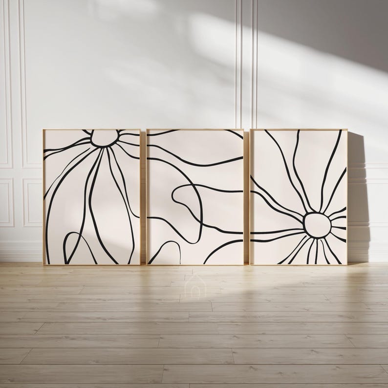 Minimalist Floral Line Art Set of 3, Botanical Wall Art Prints, Digital ...