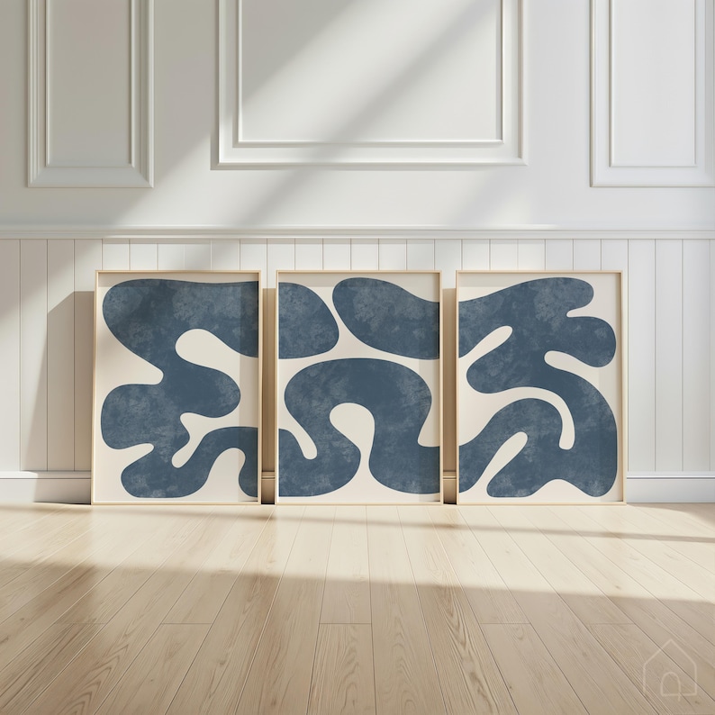 Blue Abstract Print Set of 3: Minimalist Wall Art Decor (digital ...