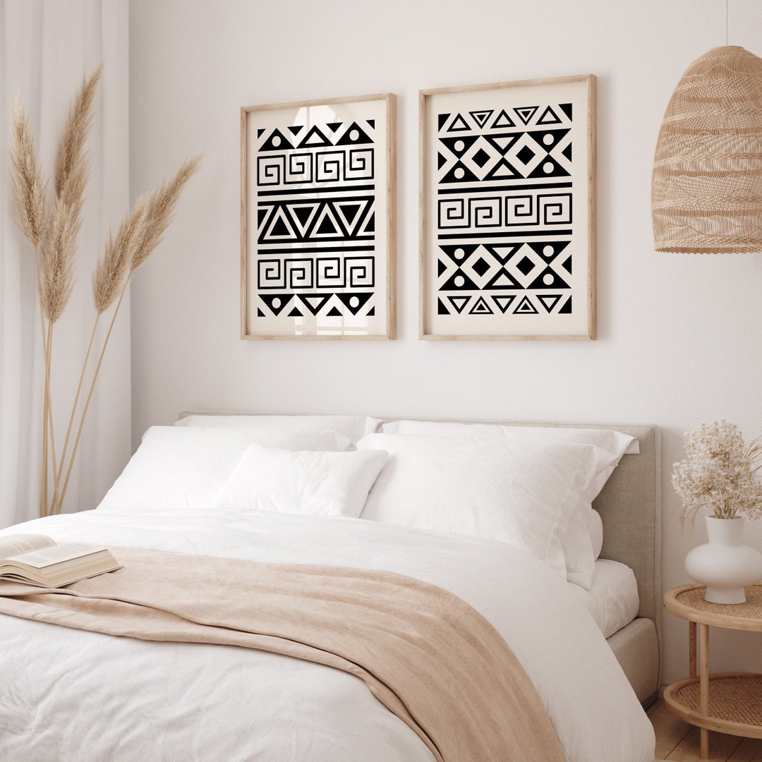 African Art Print Set of 2 Geometric Black and Beige Decor - Etsy