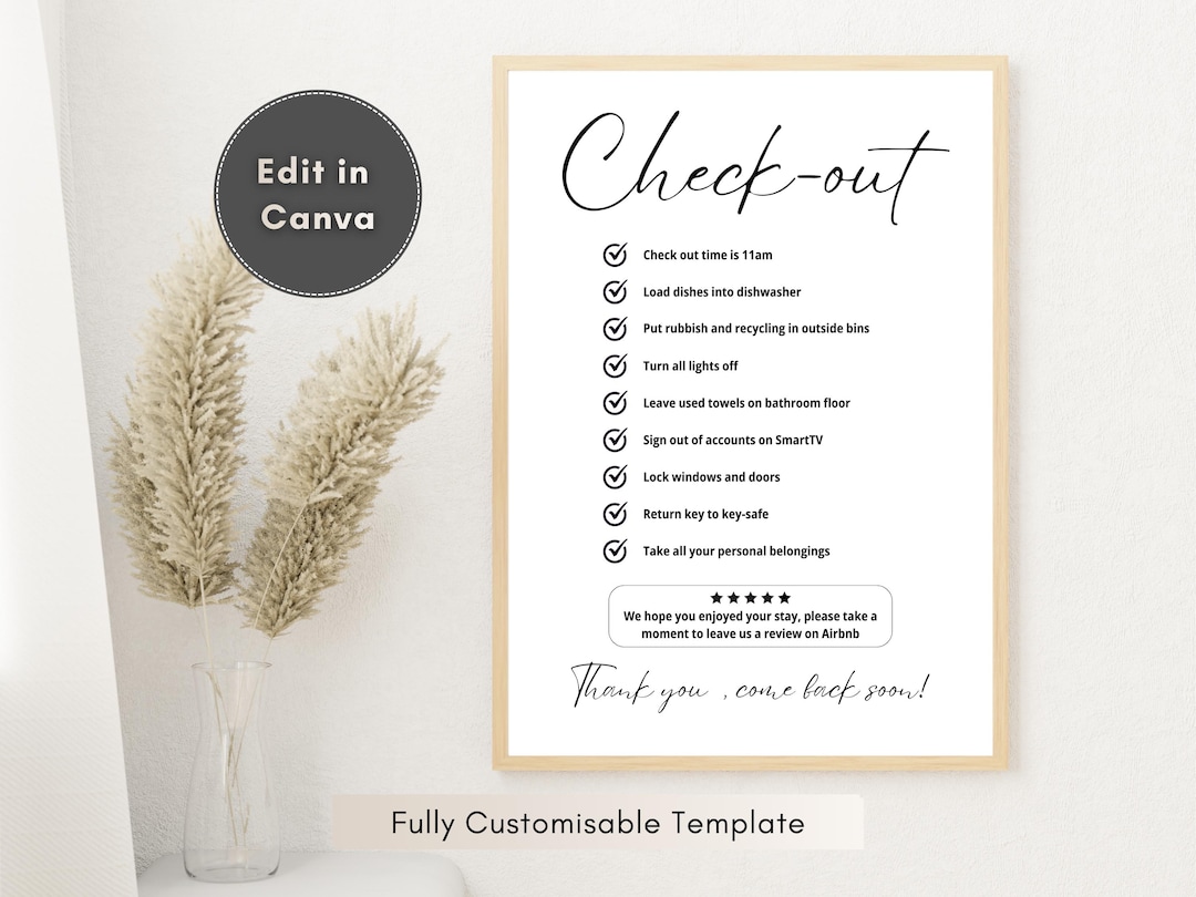 Editable Airbnb Checkout Sign Template, Vacation Rental & VRBO ...