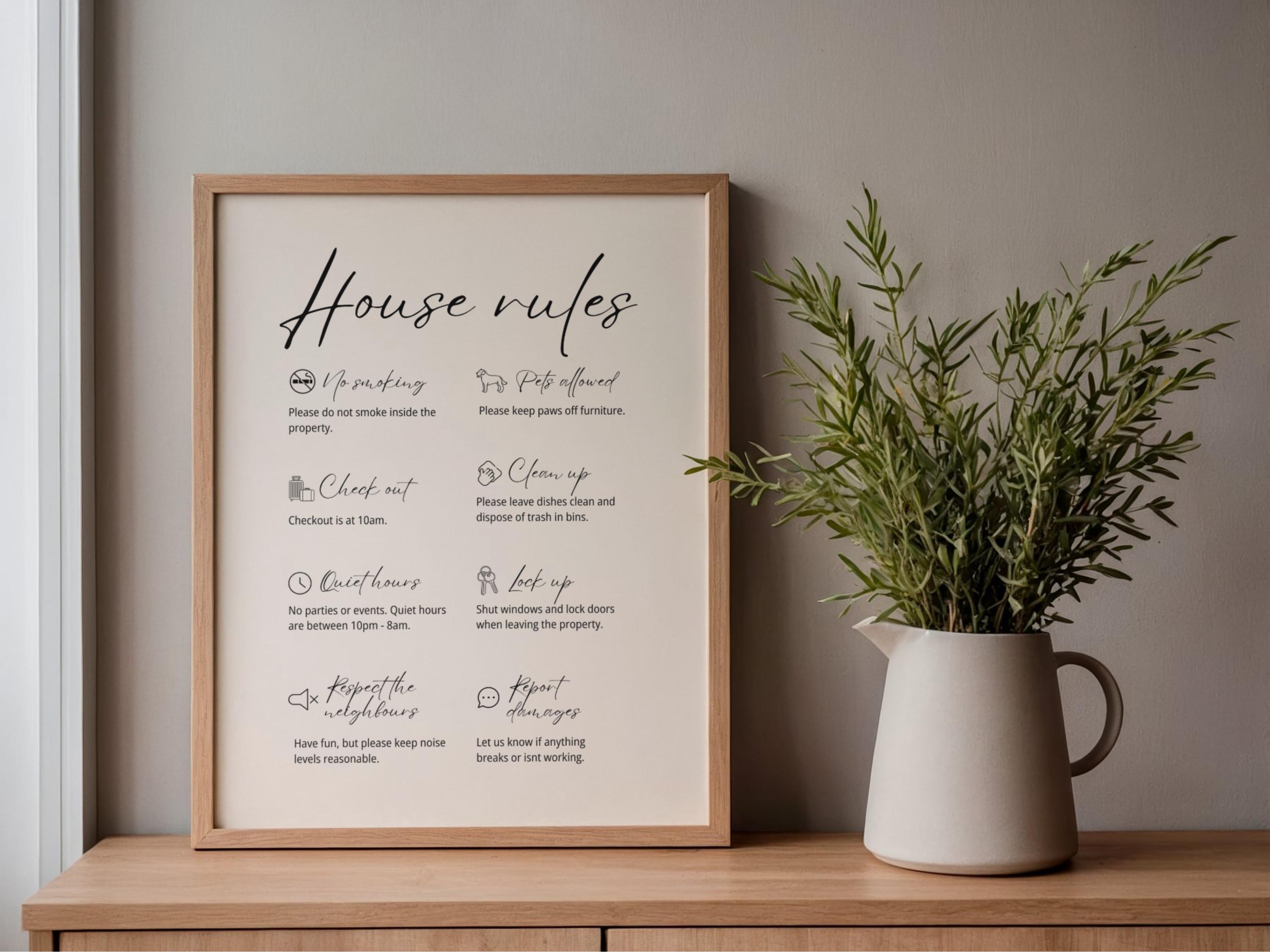 Airbnb House Rules Sign, Guest Arrival Poster for Vacation Rental ...