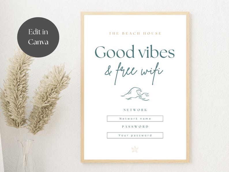 Beach House Wifi Sign Canva Template, Editable Airbnb Wifi Password ...