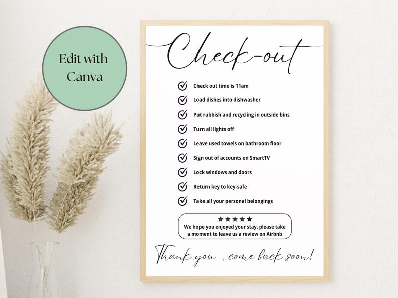 Checkout Sign Template, Editable Airbnb Checkout List, Short Term ...