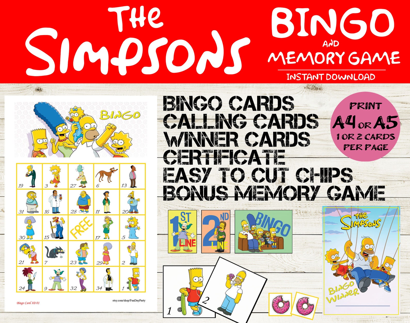 20 Card Simpsons Bingo & Memory Game the Simpsons Bingo 5x5 Printable ...