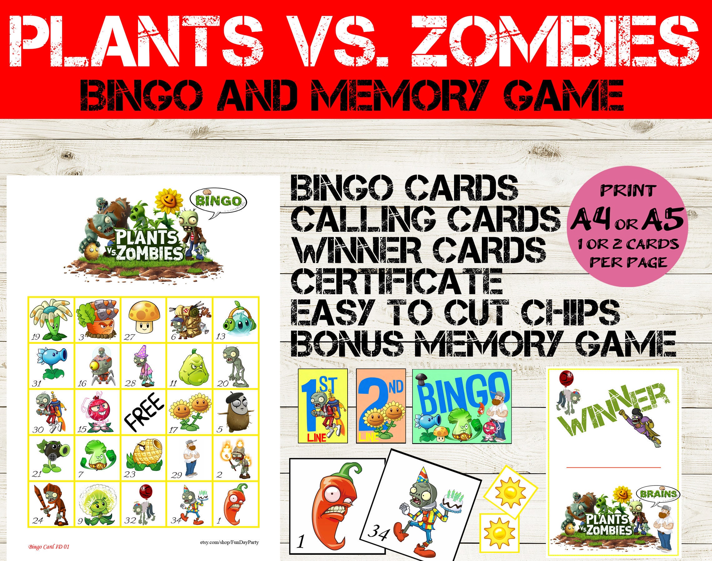 30 Card Plants Vs Zombies Bingo & Memory Game Plants Vs - Etsy