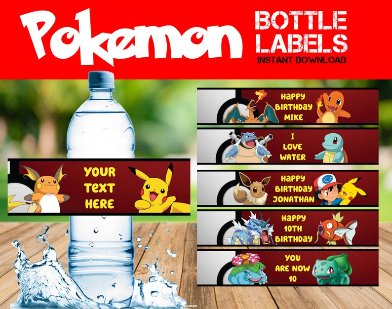 Editable Pokemon Inspired Bottle Labels Pokeball Drink - Etsy UK