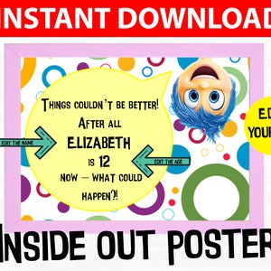 Inside Out Birthday Poster A4 Inside Out Party Poster Editable Inside ...