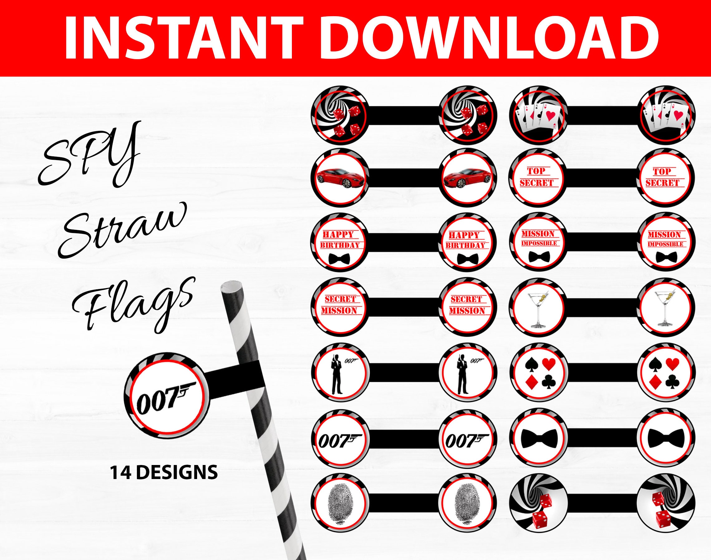 Spy James Bond Party Straw Flags Spy Printable Straw Flags - Etsy