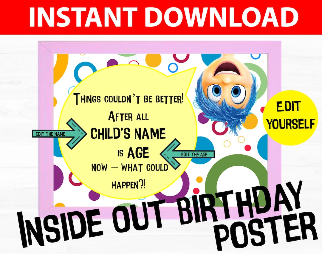 Inside Out Birthday Poster A4 Inside Out Party Poster Editable Inside ...