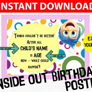 Inside Out Birthday Poster A4 Inside Out Party Poster Editable Inside ...