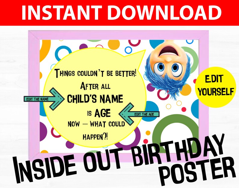 Inside Out Birthday Poster A4 Inside Out Party Poster - Etsy UK