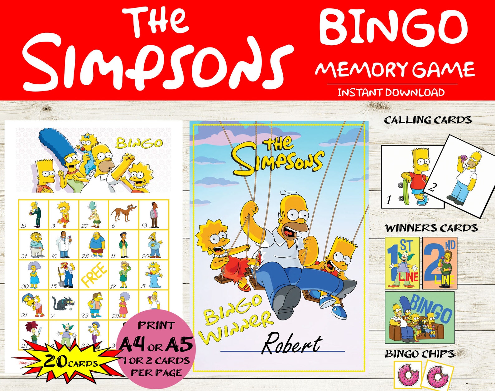 20 Card Simpsons Bingo & Memory Game the Simpsons Bingo 5x5 Printable ...