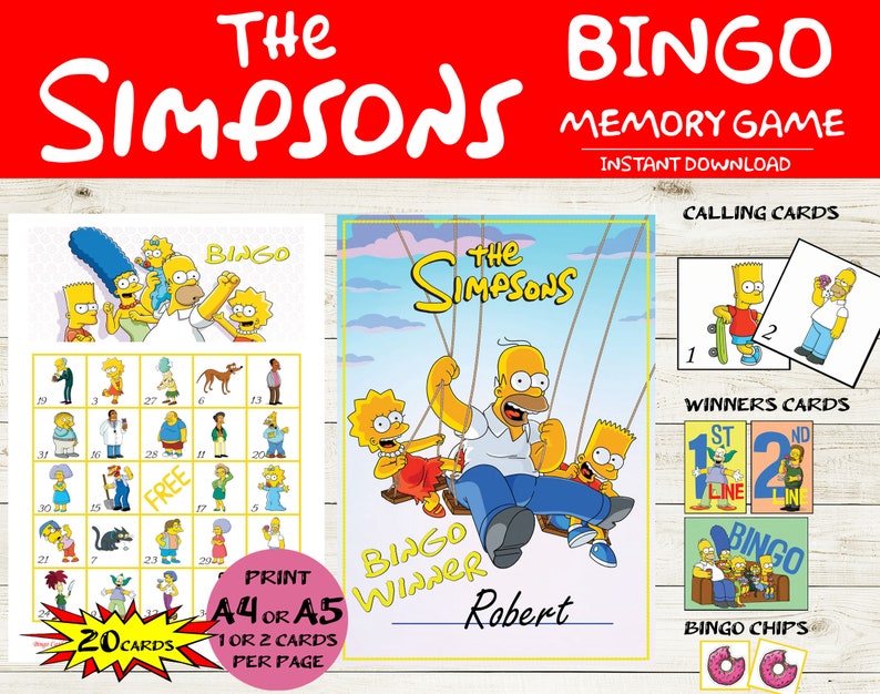 20 Card Simpsons Bingo & Memory Game the Simpsons Bingo 5x5 Printable Simpsons Games Simpsons ...