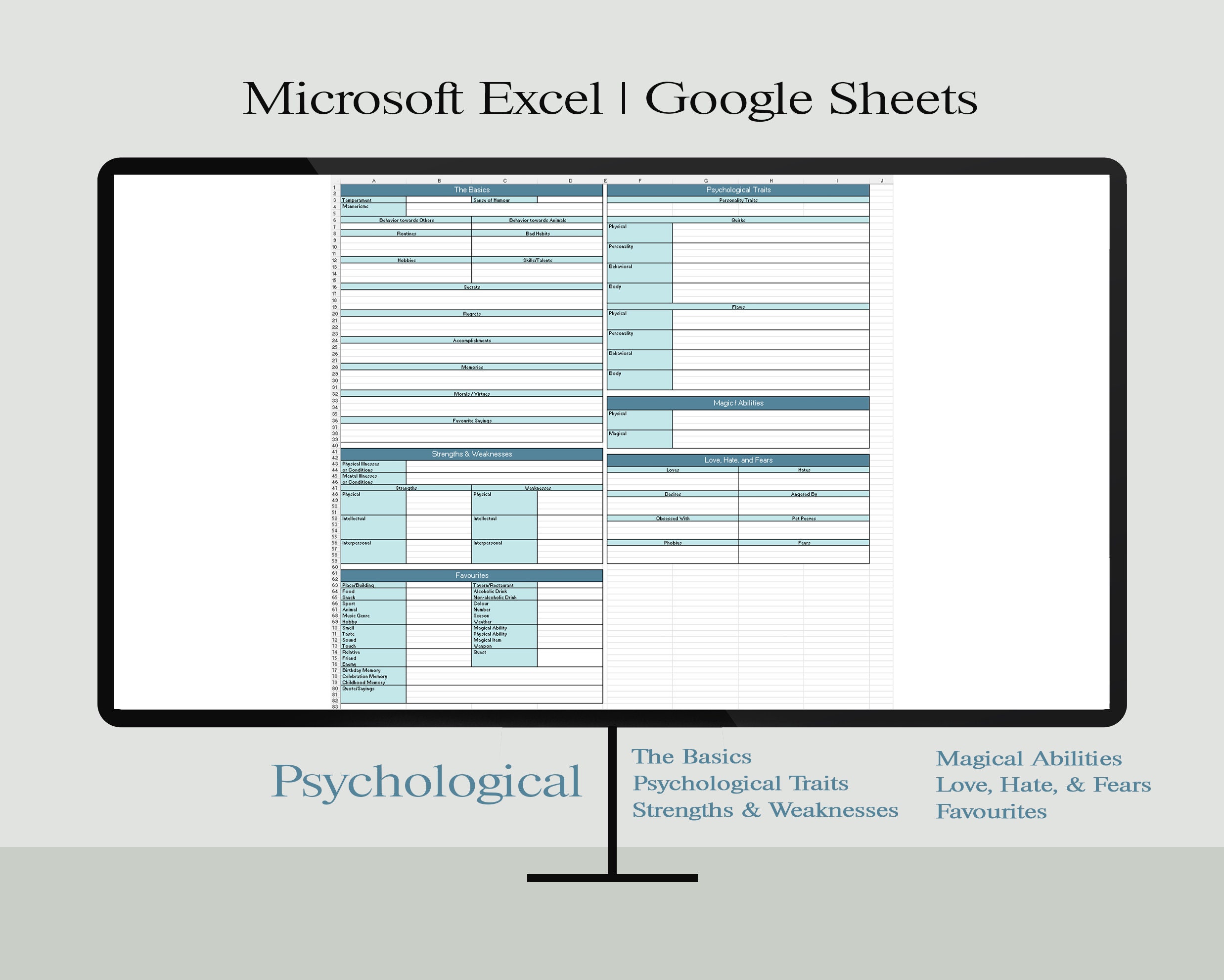 Fantasy Character Profile Author Writing Tools, Excel Template, Google ...