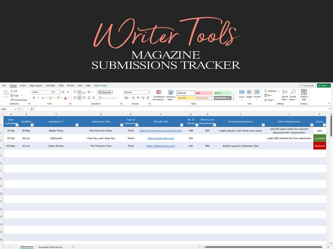 Excel Writing Submission Tracker | Magazine Publication Tracking, Author Writing Tools, Excel ...