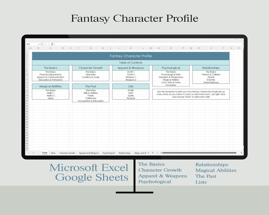 Fantasy Character Profile Author Writing Tools Excel - Etsy