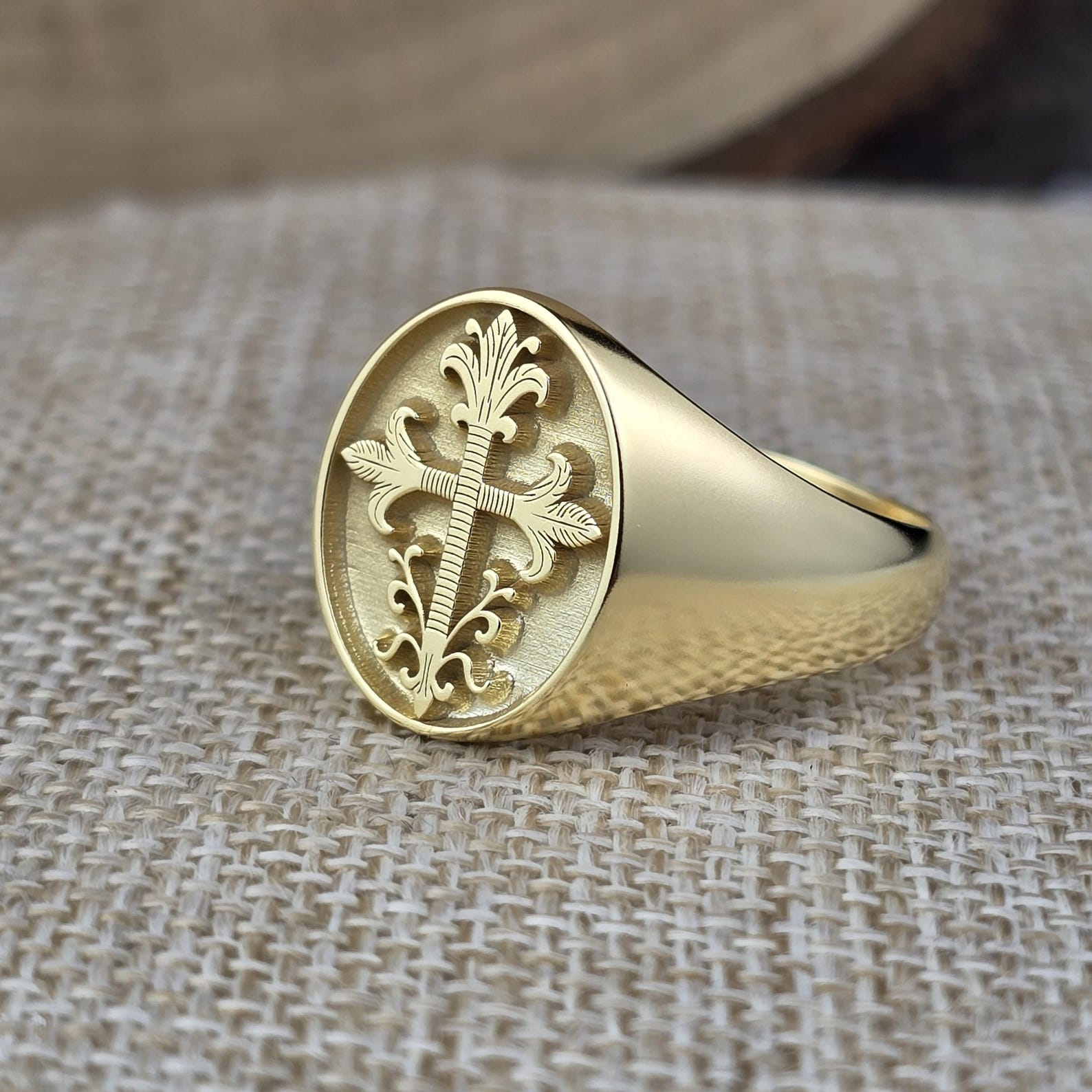 Gold Vermeil Cross Ring / Fleur De Lis Sword Signet Ring / Templar ...