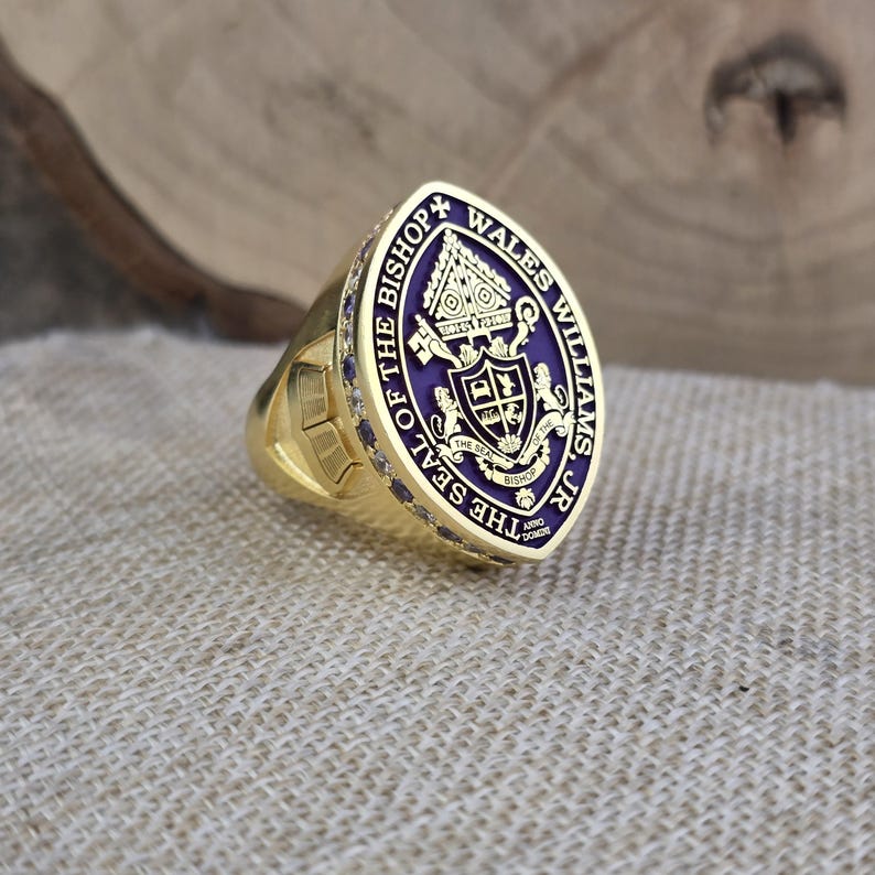 Gold Bishop Ring With Episcopal Crest / Purple Enamel Bishop Seal Ring ...