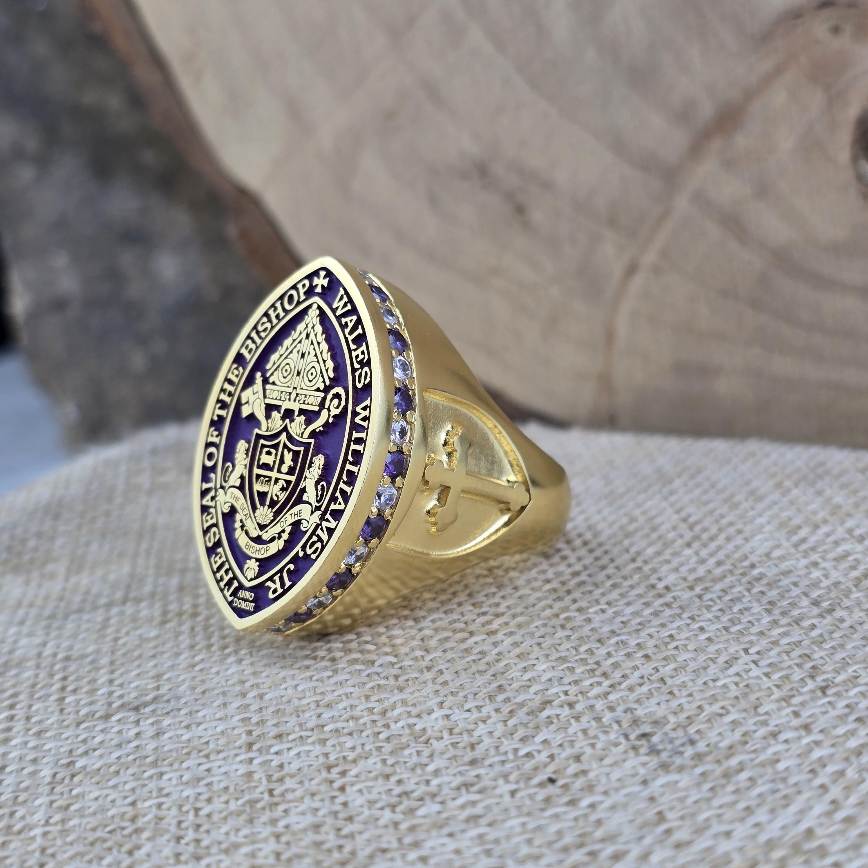 Gold Bishop Ring With Episcopal Crest / Purple Enamel Bishop Seal Ring ...