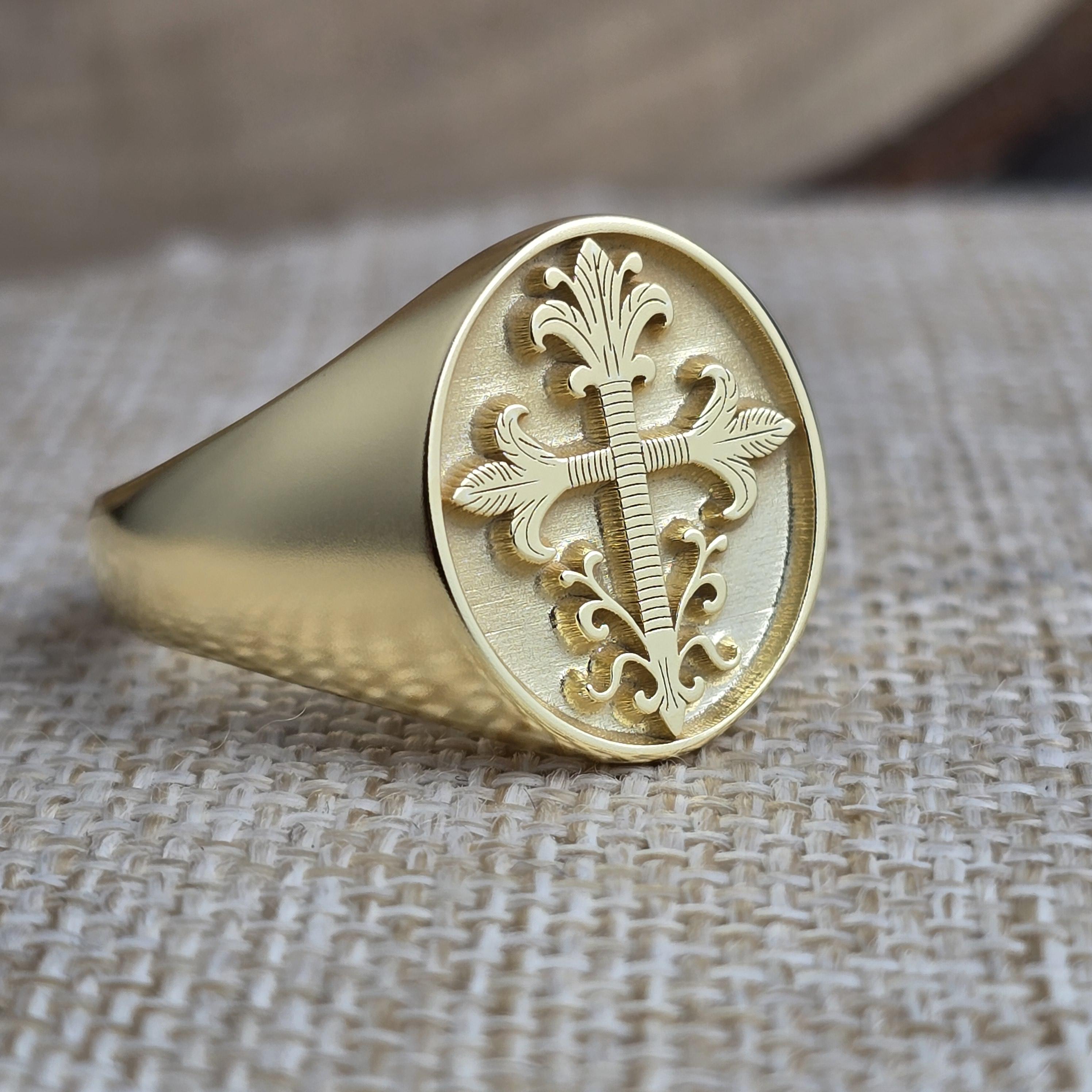 Gold Vermeil Cross Ring / Fleur De Lis Sword Signet Ring / Templar ...