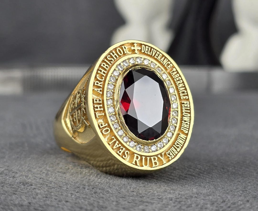 Gold Bishop Ring With Ruby Stone, Custom Archbishop Seal Ring ...