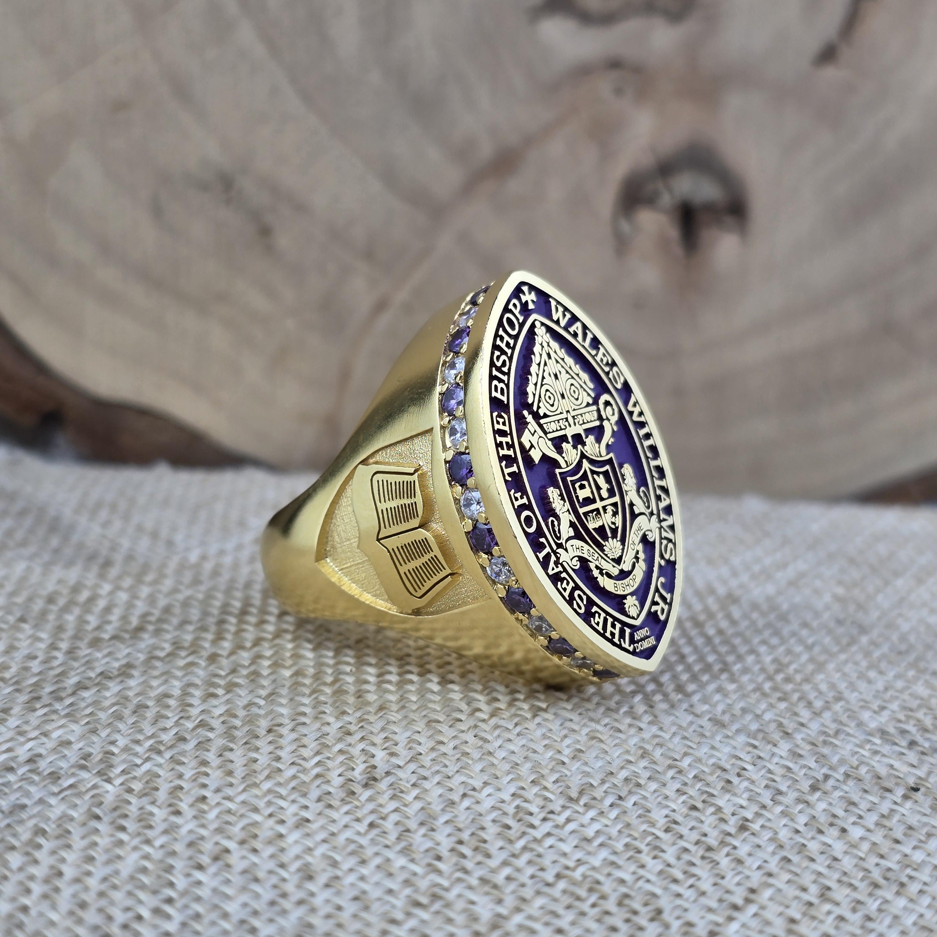 Gold Bishop Ring With Episcopal Crest / Purple Enamel Bishop Seal Ring ...