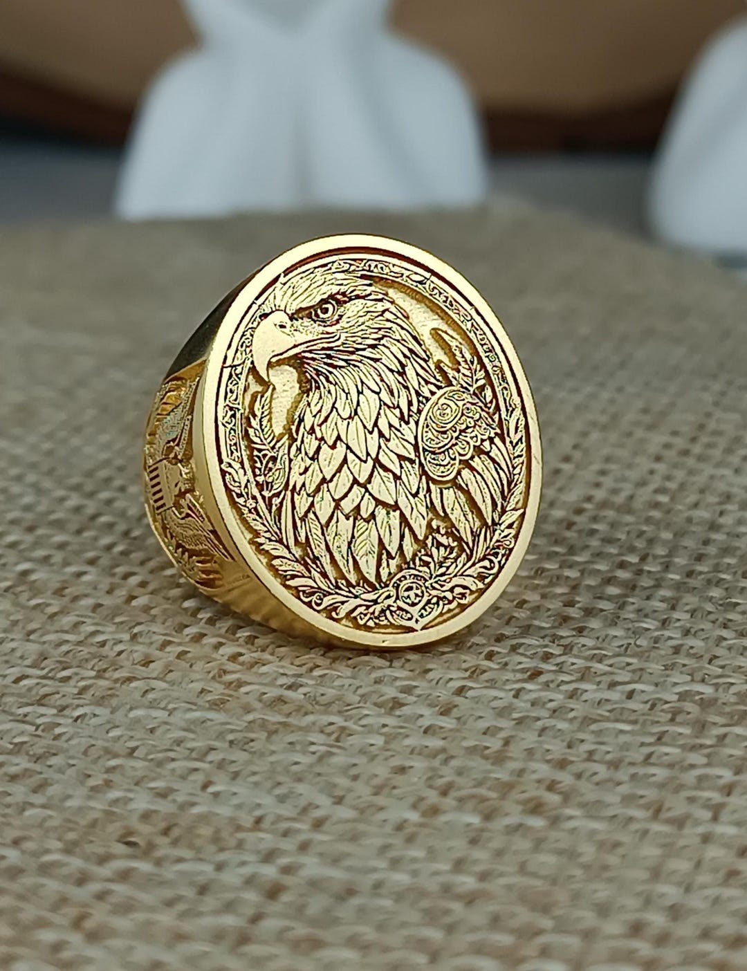 Custom Eagle Signet Ring, Deep Engraved American Bald Eagle Gold Ring ...