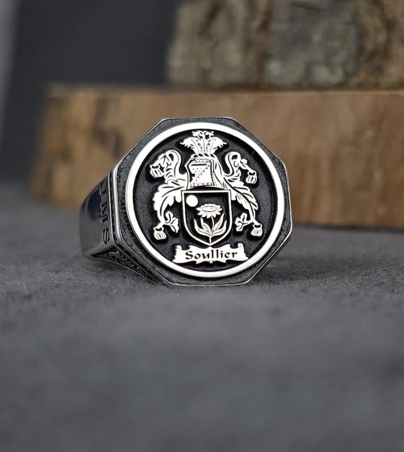 Custom Family Crest Signet Ring, Personalized Soullier Coat of Arms ...