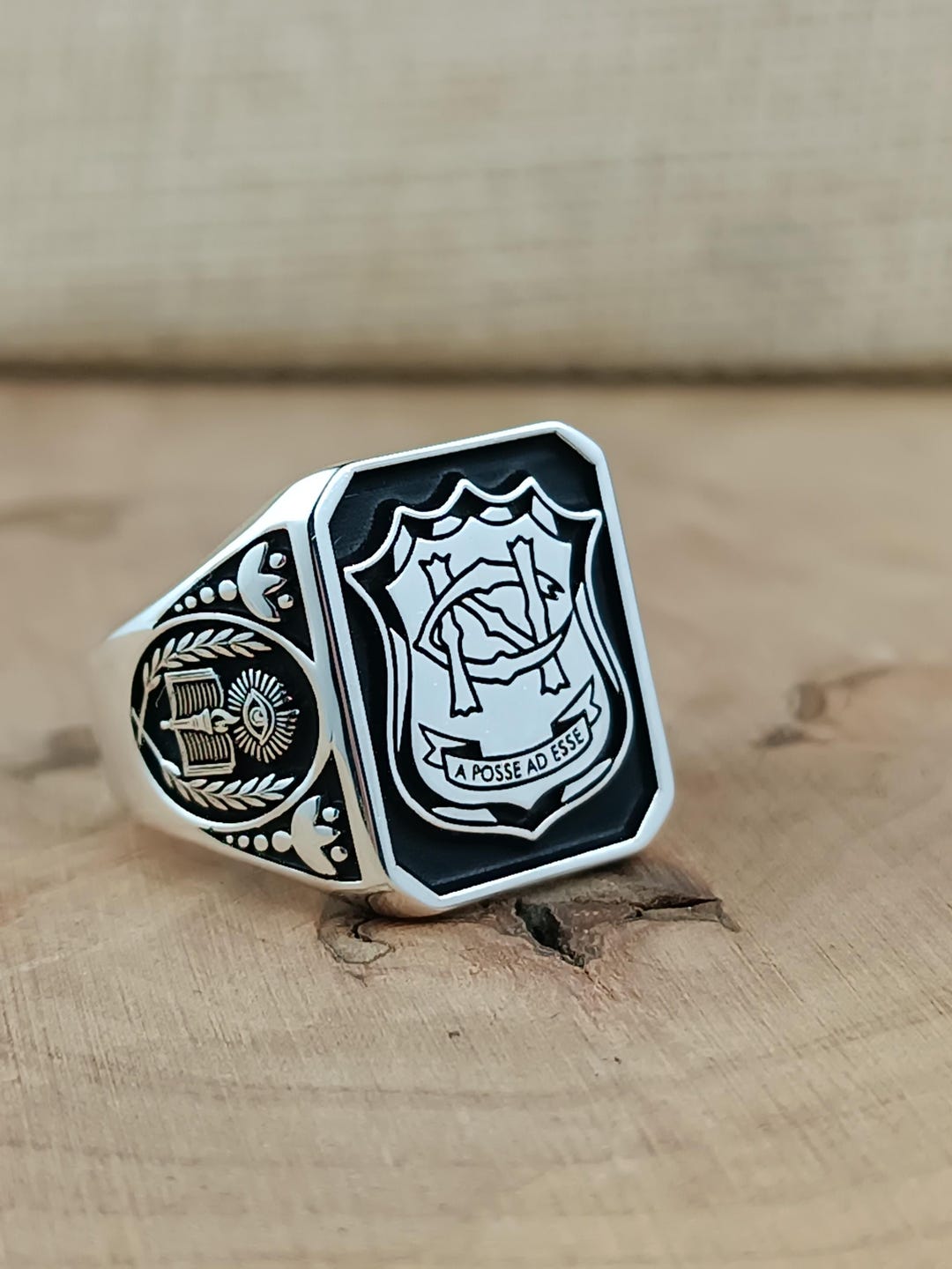 Silver Rectangular College Ring / Latin Motto Academic Ring / Sterling ...