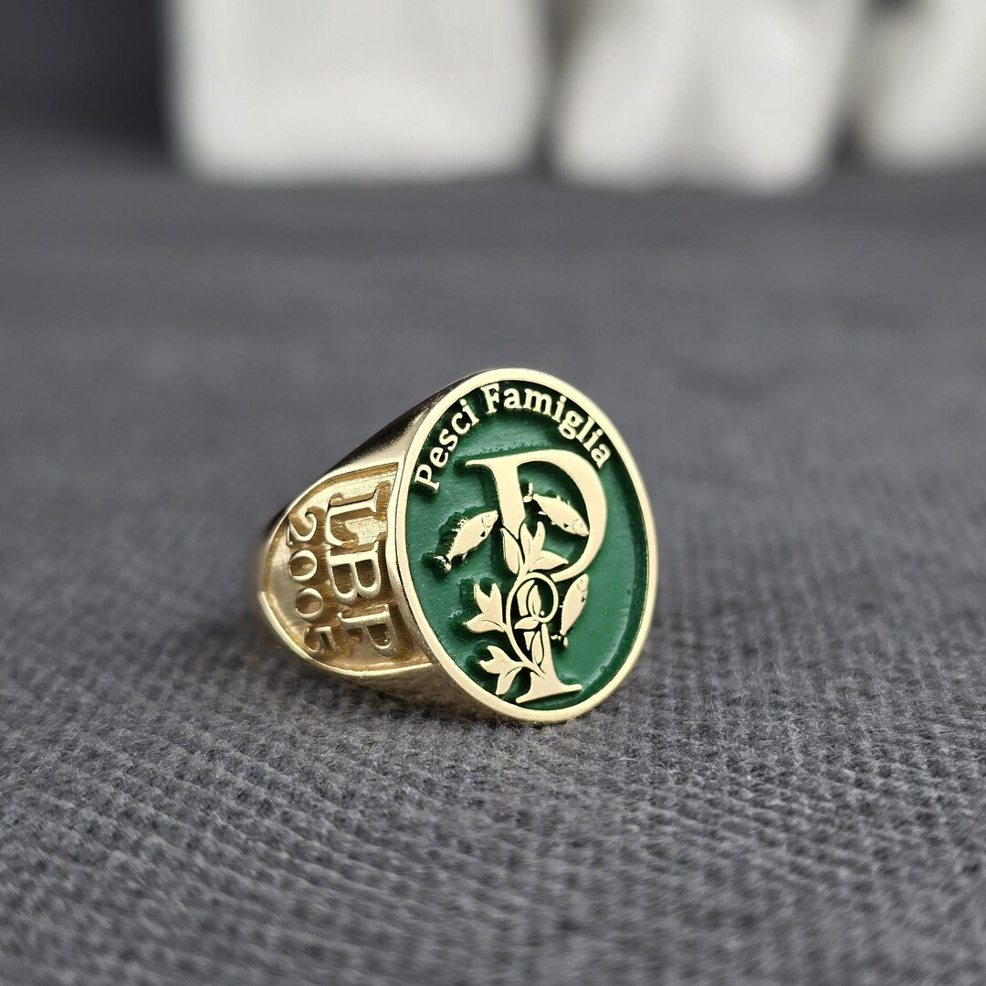 Gold Emblem Ring / Custom Initial Ring With Olive Motif / Green Enamel ...
