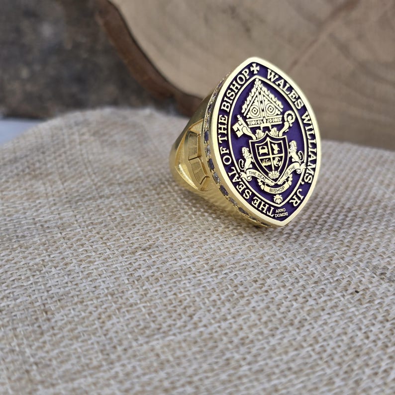 Gold Bishop Ring With Episcopal Crest / Purple Enamel Bishop Seal Ring ...