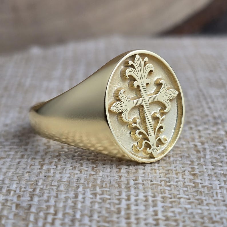 Gold Vermeil Cross Ring / Fleur De Lis Sword Signet Ring / Templar ...