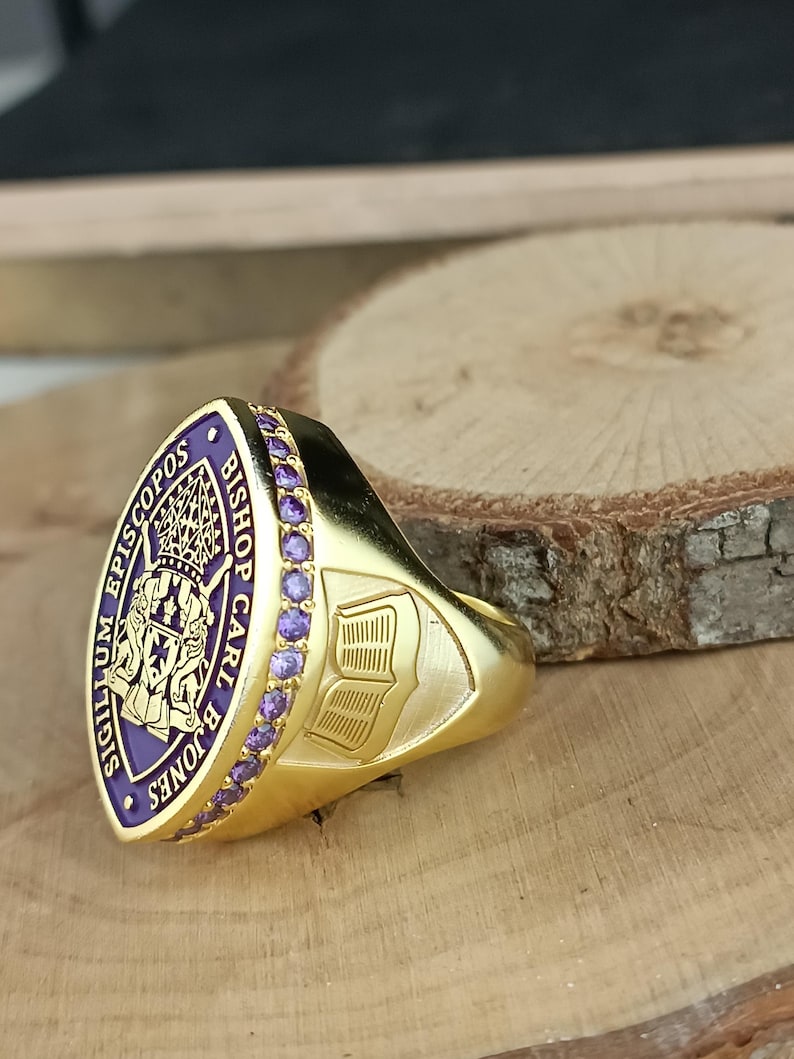 Gold Bishop Ring / Purple Episcopal Clergy Ring / Custom Apostolic Seal ...