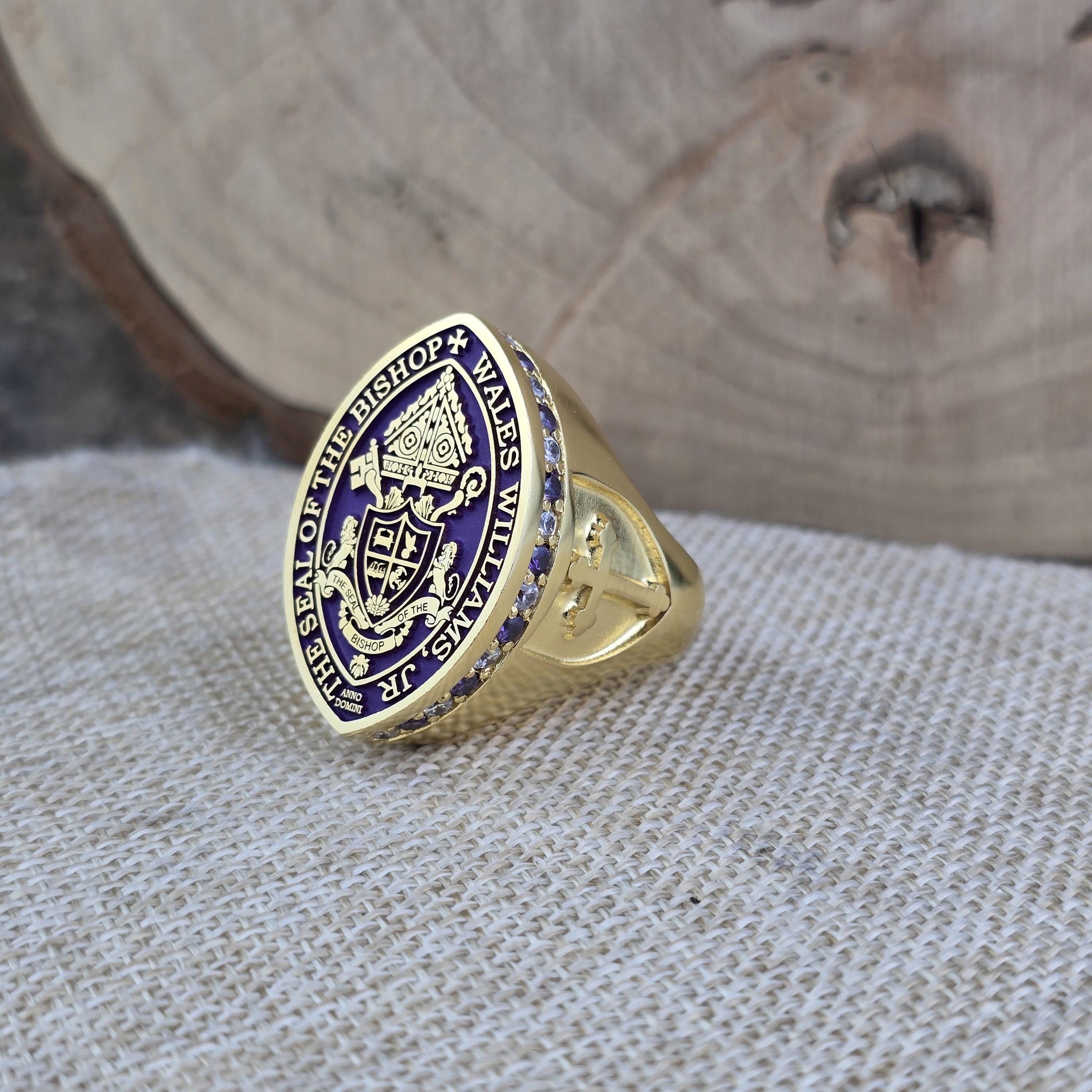 Gold Bishop Ring With Episcopal Crest / Purple Enamel Bishop Seal Ring ...