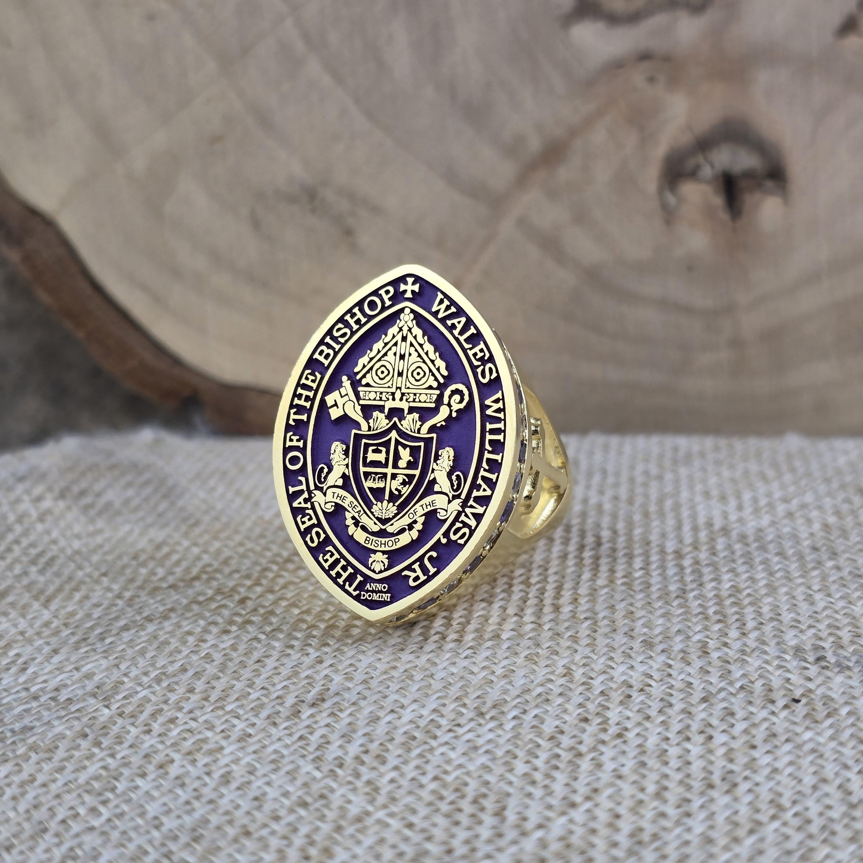 Gold Bishop Ring With Episcopal Crest / Purple Enamel Bishop Seal Ring ...