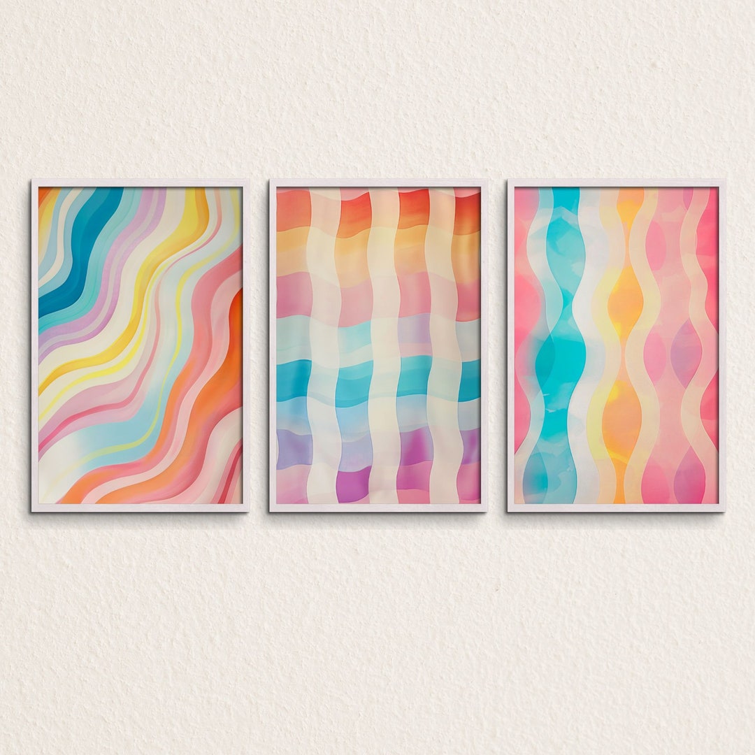 Pastel Gradient Poster Set of 3 Boho Wall Art Pink Checkerboard and ...