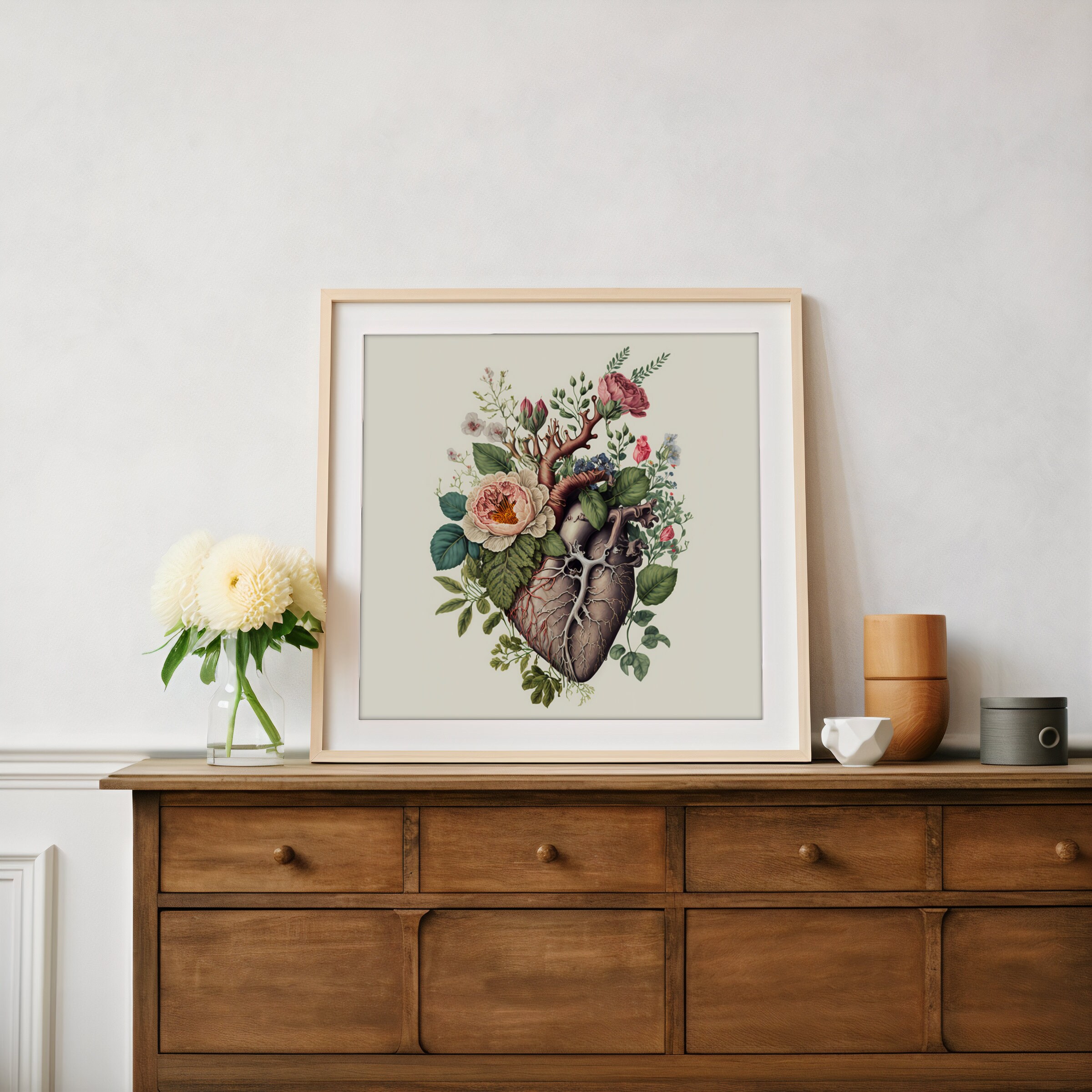 Anatomical Heart Art Illustration With Flowers Human Heart Print Floral ...