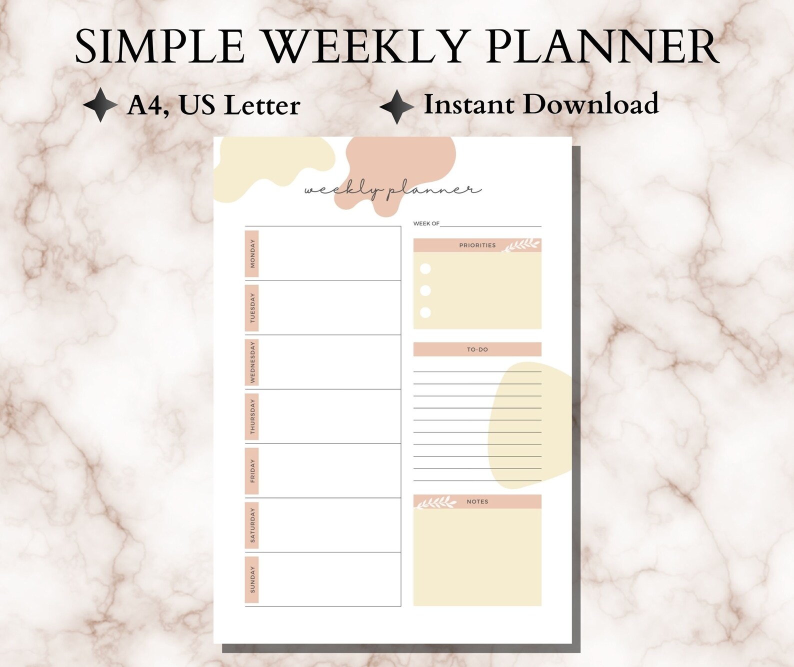 Simple Weekly Planner, Printable Weekly Journal, Daily Planner, Digital ...