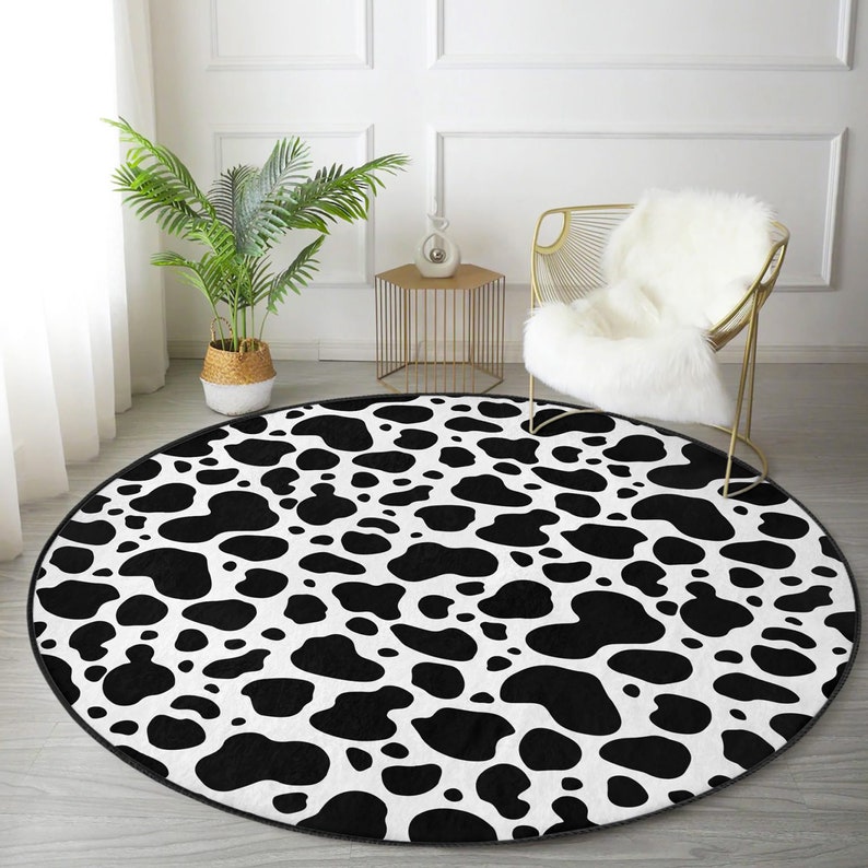 Cow Print Round Rug Black White Circle Farmhouse Carpet - Etsy
